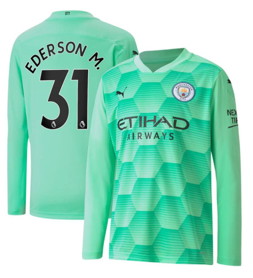 2020-21 Manchester City #31 Ederson M. Goalkeeper Away Pale Green Long ...
